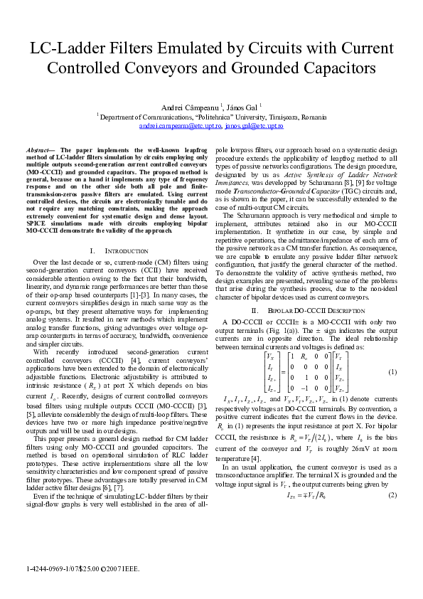 Pdf Lc Ladder Filters Emulated By Circuits With Current Controlled Conveyors And Grounded 