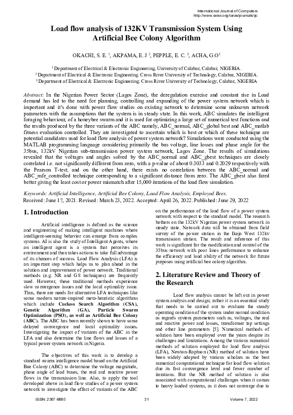 Pdf Load Flow Analysis Of 132kv Transmission System Using Artificial Bee Colony Algorithm