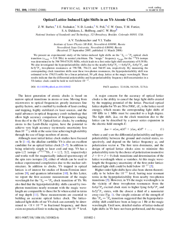 (PDF) Optical Lattice Induced Light Shifts in an Yb Atomic Clock