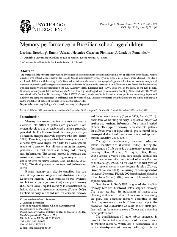 (PDF) Memory performance in Brazilian school-age children