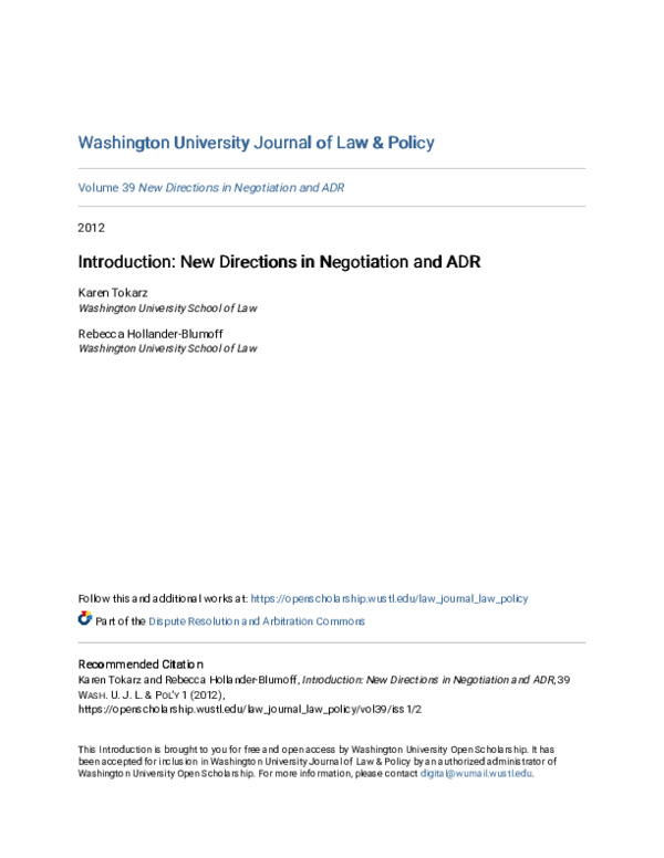 (PDF) Introduction: New Directions in Negotiation and ADR
