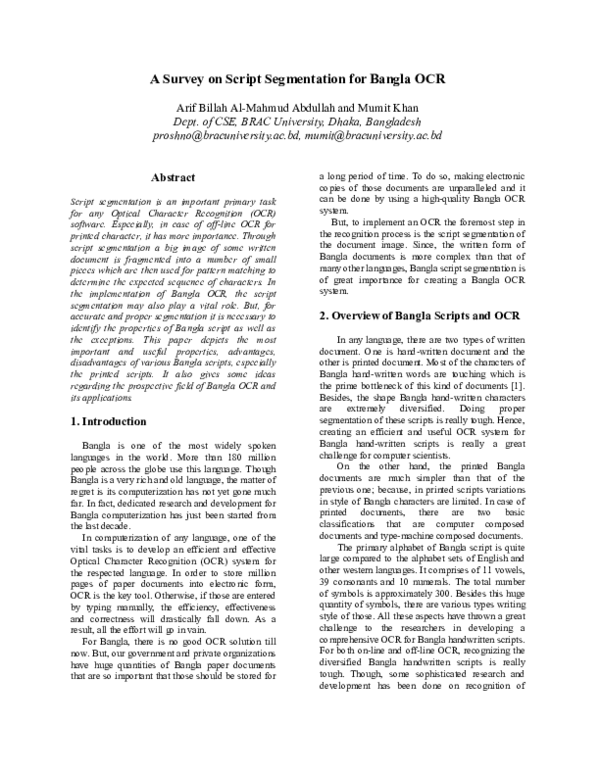 (PDF) A Survey on Script Segmentation for Bangla OCR