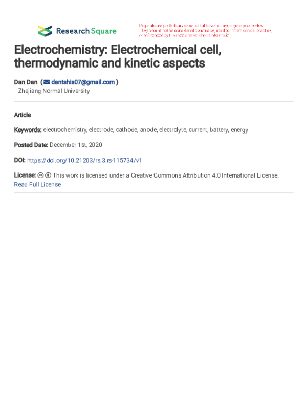 (PDF) Electrochemistry: Electrochemical Cell, Thermodynamic and Kinetic ... (PDF) Electrochemistry: Electrochemical Cell, Thermodynamic and Kinetic ...