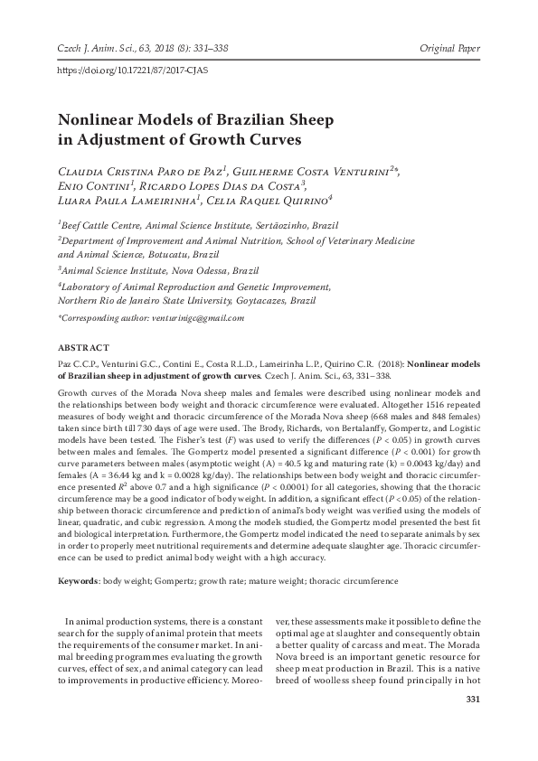 (PDF) Nonlinear models of Brazilian sheep in adjustment of growth curves | Claudia Cristina Paro ...