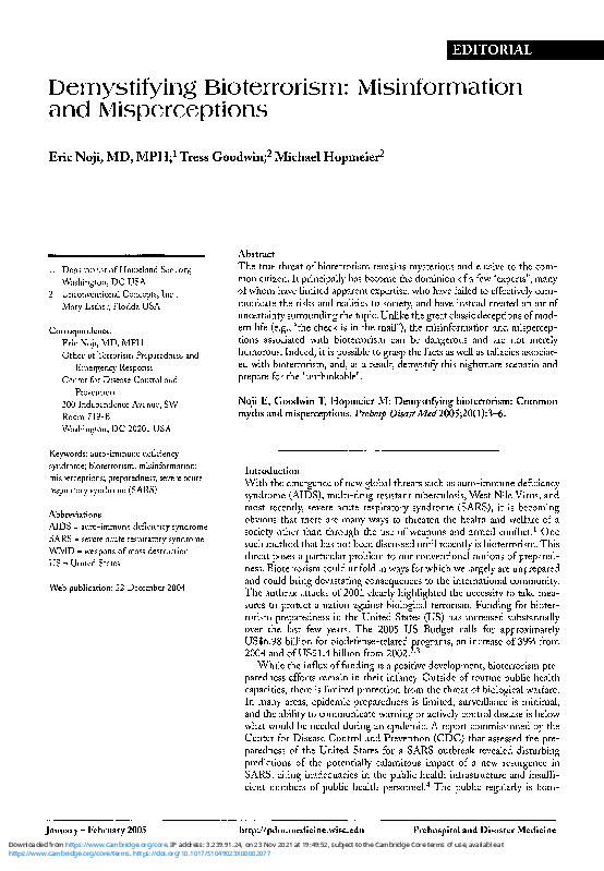 (PDF) Demystifying Bioterrorism: Misinformation and Misperceptions | Michael Hopmeier - Academia.edu
