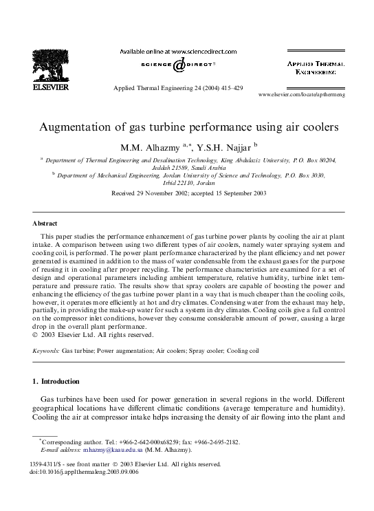 (PDF) Augmentation of Gas-Turbine Performance Using Inlet Air Cooling and Turbine Blade Cooling ...