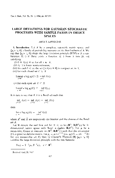 Pdf Large Deviations For Gaussian Stochastic Processes With Sample Paths In Orlicz Spaces