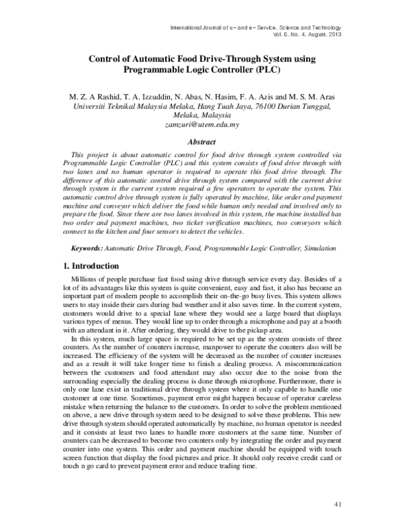 (PDF) Control of Automatic Food Drive-Through System using Programmable Logic Controller (PLC)