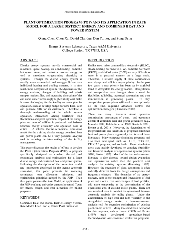 Plant Optimization Program (Pop) and Its Application in Rate Model for a Large District Energy ...