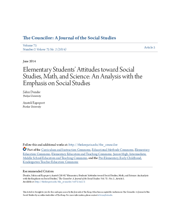 (PDF) Elementary Students’ Attitudes toward Social Studies, Math, and ...