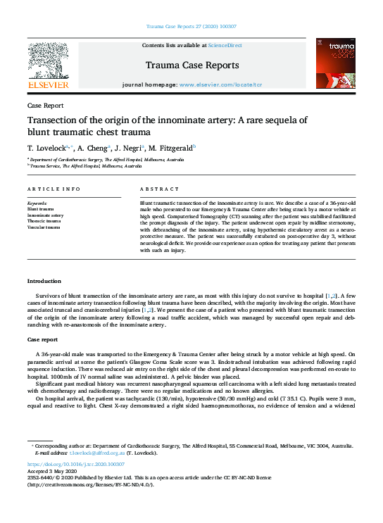(PDF) Transection of the origin of the innominate artery: A rare ...