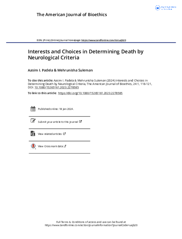 (PDF) Interests and Choices in Determining Death by Neurological Criteria