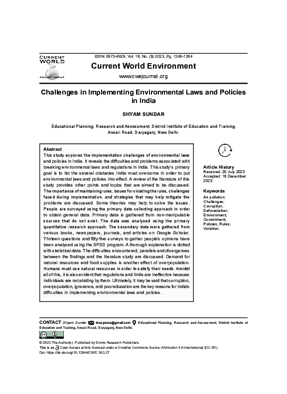 (PDF) Challenges in Implementing Environmental Laws and Policies in India