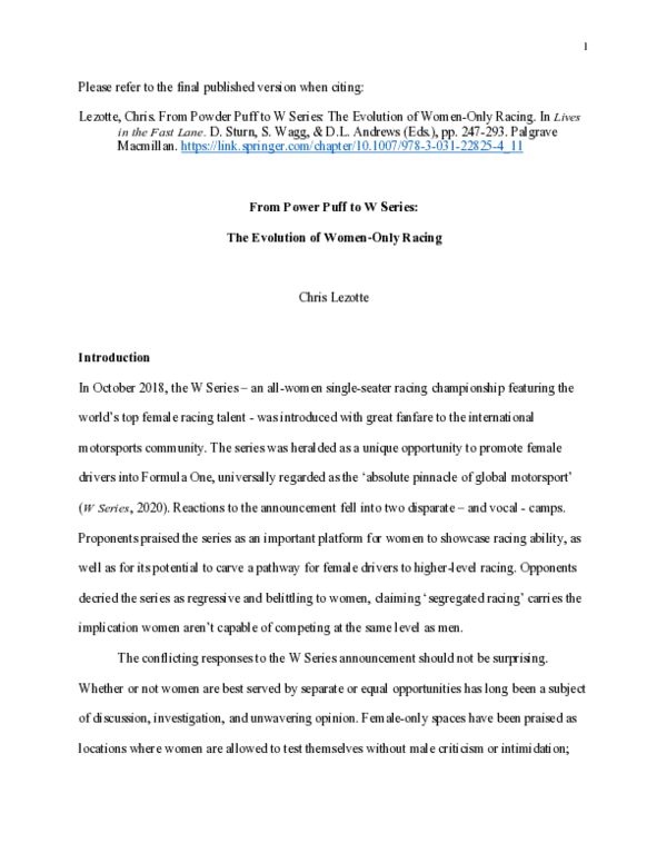 (PDF) From Powder Puff to W Series: The Evolution of Women-Only Racing