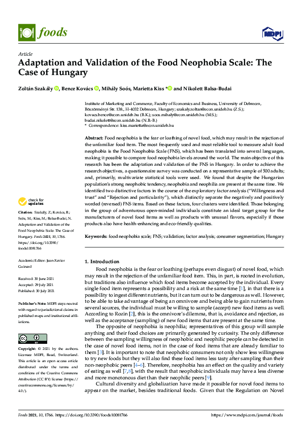 Adaptation and Validation of the Food Neophobia Scale: The Case of Hungary