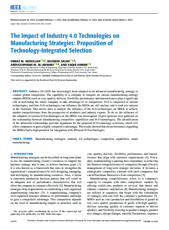 (PDF) The Impact of Industry 4.0 Technologies on Manufacturing ...