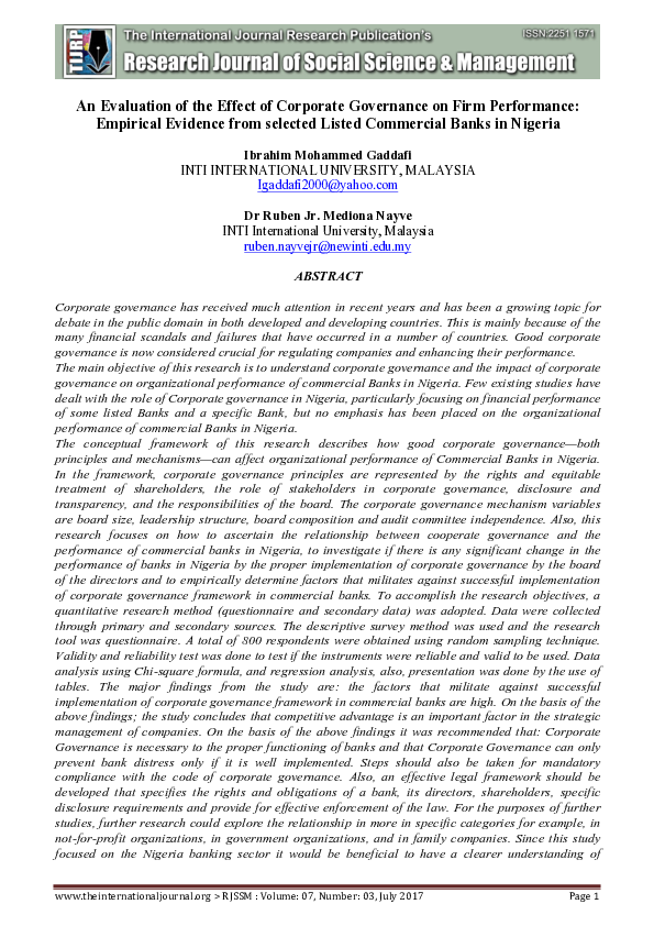 (PDF) An Evaluation of the Effect of Corporate Governance on Firm Performance: Empirical ...
