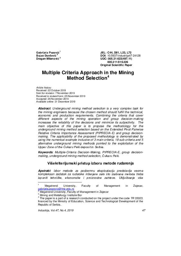 Pdf Multiple Criteria Approach In The Mining Method Selection