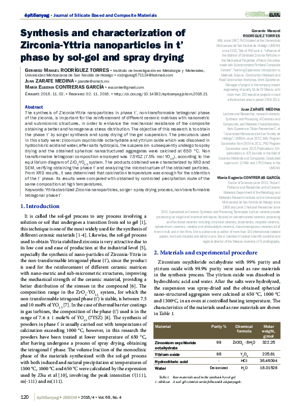 (PDF) Synthesis and characterization of Zirconia- Yttria nanoparticles in t’ phase by sol-gel ...