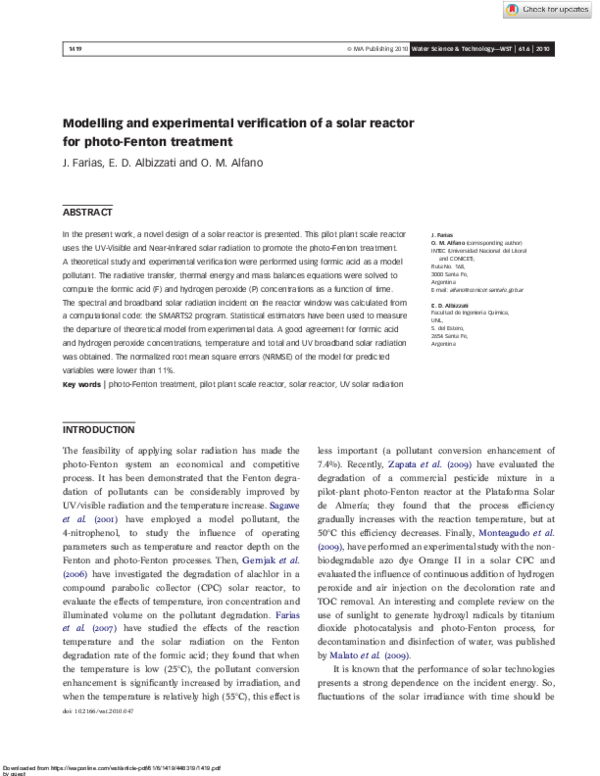 (PDF) Modelling and experimental verification of a solar reactor for photo-Fenton treatment