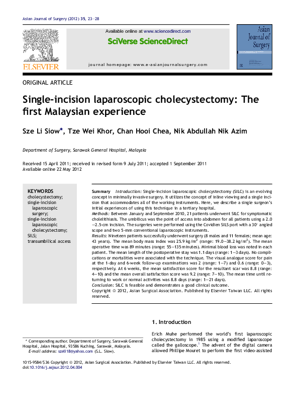 (PDF) Single-incision laparoscopic cholecystectomy: The first Malaysian experience