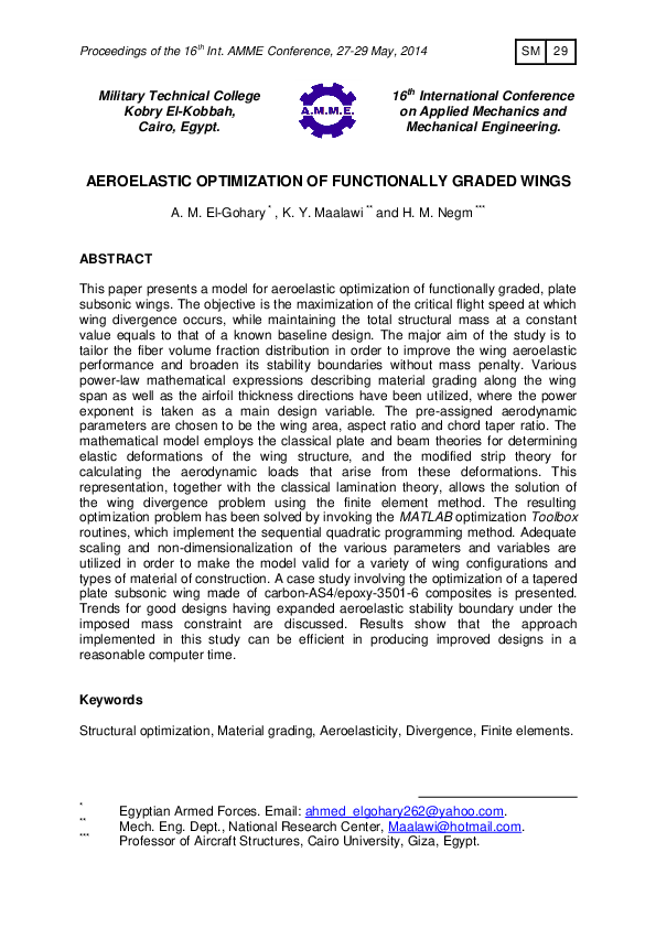 Pdf Aeroelastic Optimization Of Functionally Graded Wings