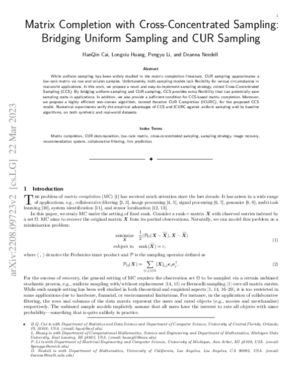 (PDF) Matrix Completion With Cross-Concentrated Sampling: Bridging Uniform Sampling and CUR Sampling