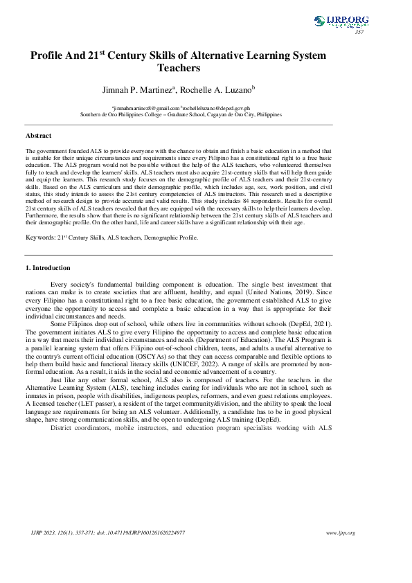 (PDF) Profile And 21st Century Skills of Alternative Learning System ...
