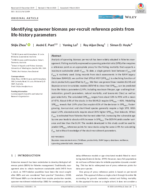 (PDF) Identifying spawner biomass per‐recruit reference points from ...