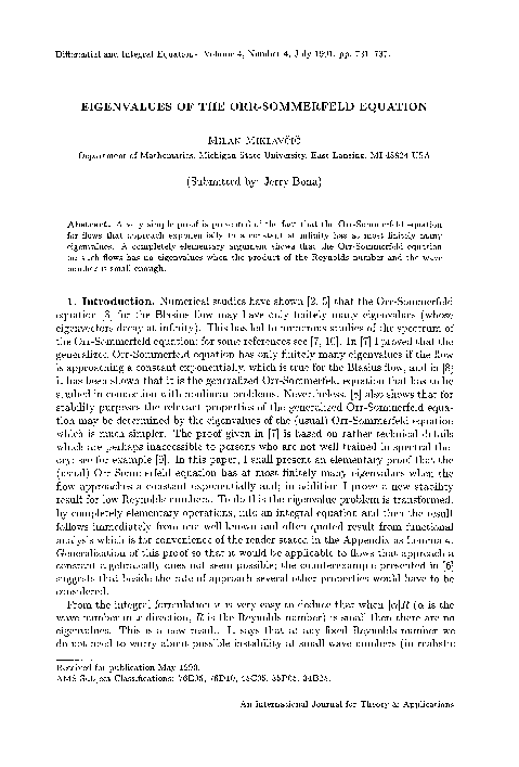 (PDF) Eigenvalues of the Orr-Sommerfeld equation
