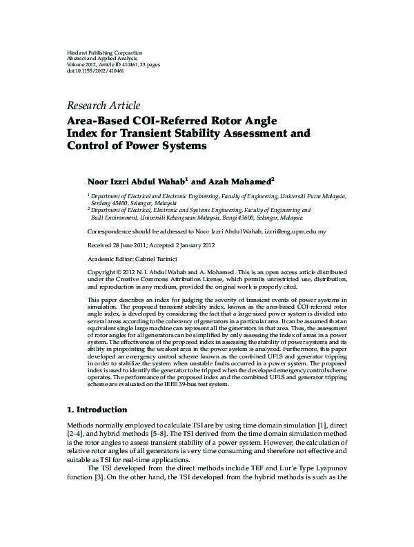 (PDF) Area-Based COI-Referred Rotor Angle Index for Transient Stability ...