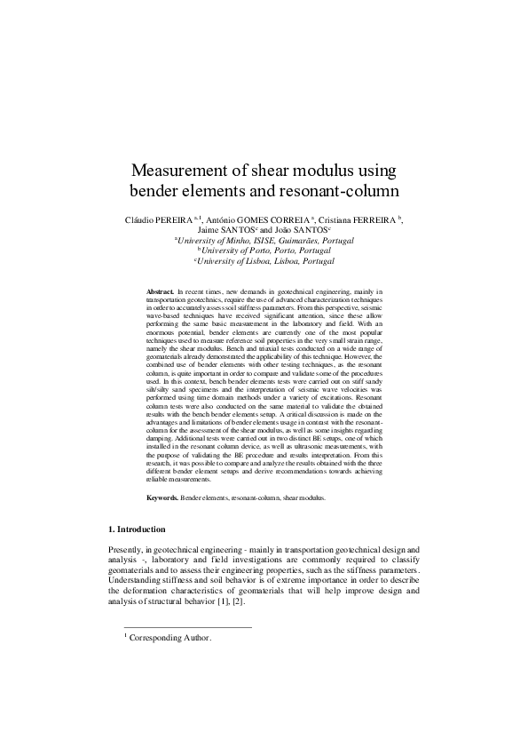 (PDF) Measurement of shear modulus using bender elements and resonant ...