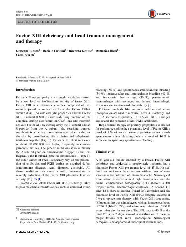 (PDF) Factor XIII deficiency and head trauma: management and therapy