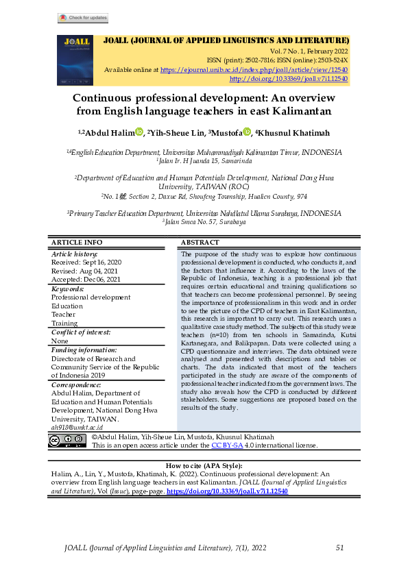 (PDF) Continuous professional development: An overview from English language teachers in east ...