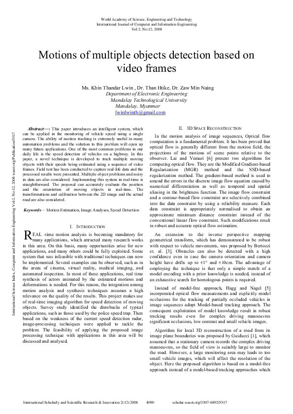 Pdf Motions Of Multiple Objects Detection Based On Video Frames