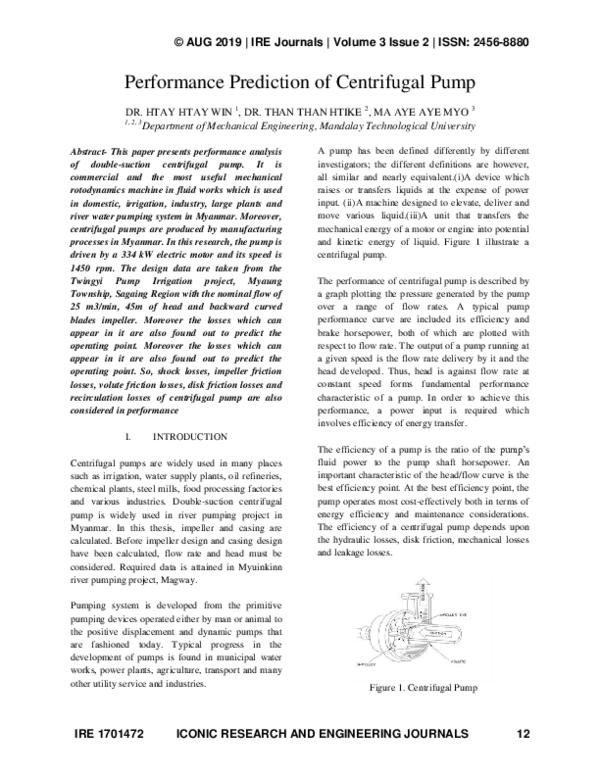 (PDF) Performance Prediction Of Centrifugal Pump - IRE Journals