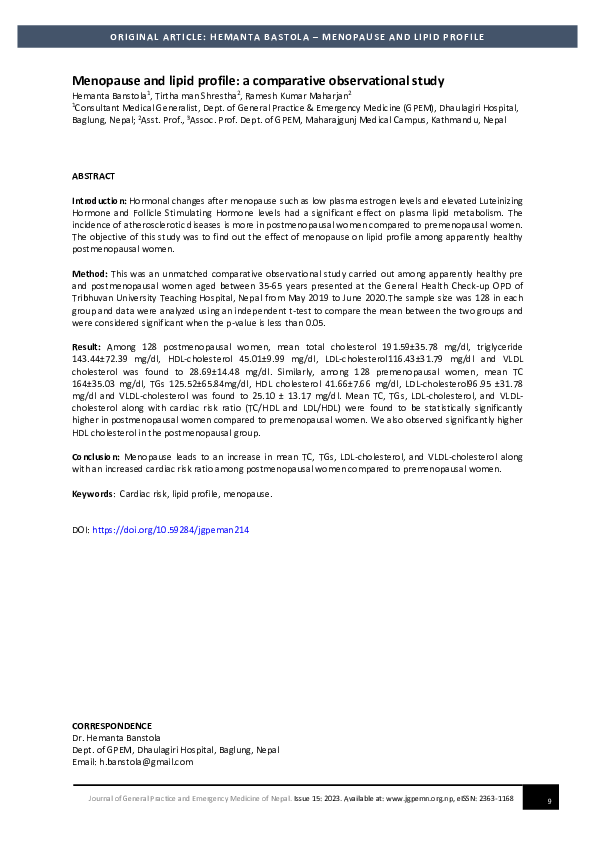 (PDF) Menopause and lipid profile; a comparative observational study