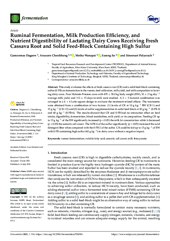 (PDF) Ruminal Fermentation, Milk Production Efficiency, and Nutrient Digestibility of Lactating ...