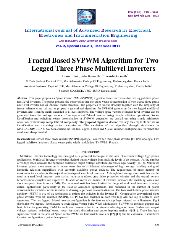 Pdf Generalized Svpwm Algorithm For Two Legged Three Phase Multilevel Inverter