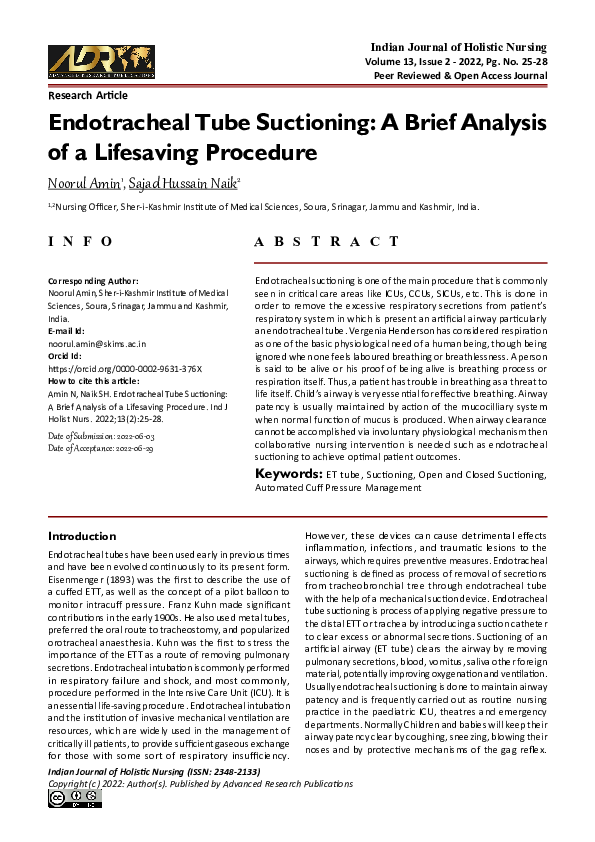 (PDF) Endotracheal Tube Suctioning: A Brief Analysis of a Lifesaving Procedure