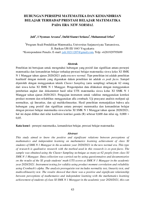 (PDF) Hubungan Persepsi Matematika Dan Kemandirian Belajar Terhadap Prestasi Belajar Matematika ...