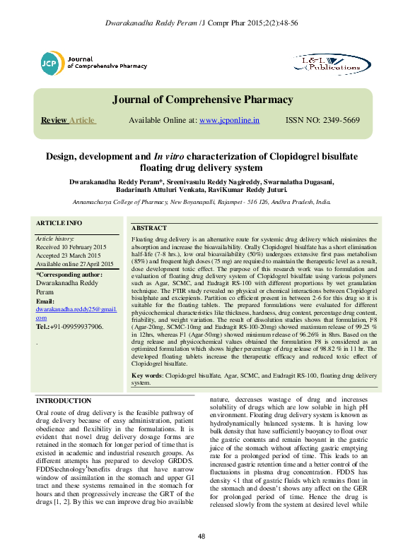 (PDF) Design, development and In vitro characterization of Clopidogrel ...