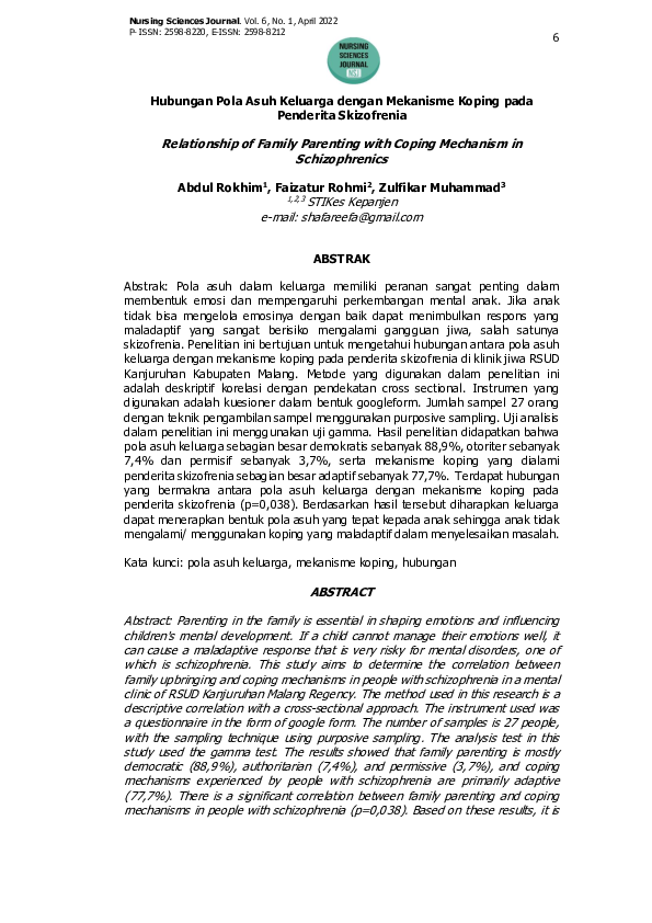(PDF) Hubungan Pola Asuh Keluarga dengan Mekanisme Koping pada Penderita Skizofrenia