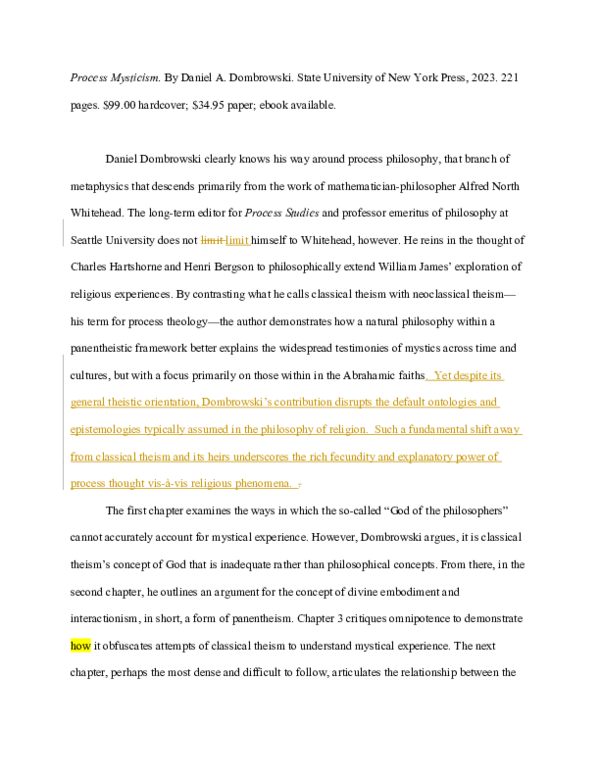 (DOC) Review of Process Mysticism. By Daniel A. Dombrowski.