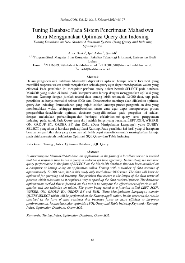 (PDF) Tuning Database Pada Sistem Penerimaan Mahasiswa Baru Menggunakan Optimasi Query dan Indexing