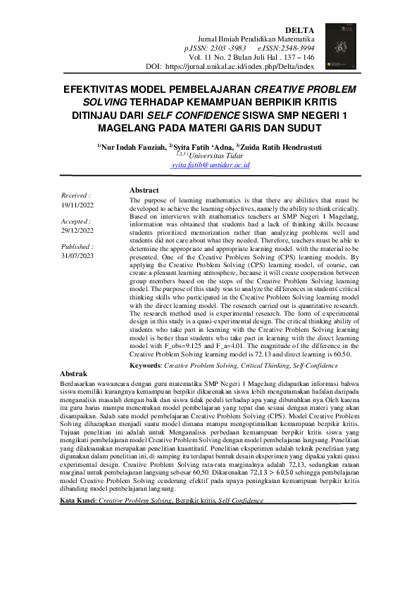 (PDF) Efektivitas Model Pembelajaran Creative Problem Solving Terhadap Kemampuan Berpikir Kritis ...