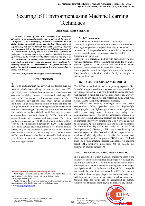 (PDF) Securing IoT Environment using Machine Learning Techniques