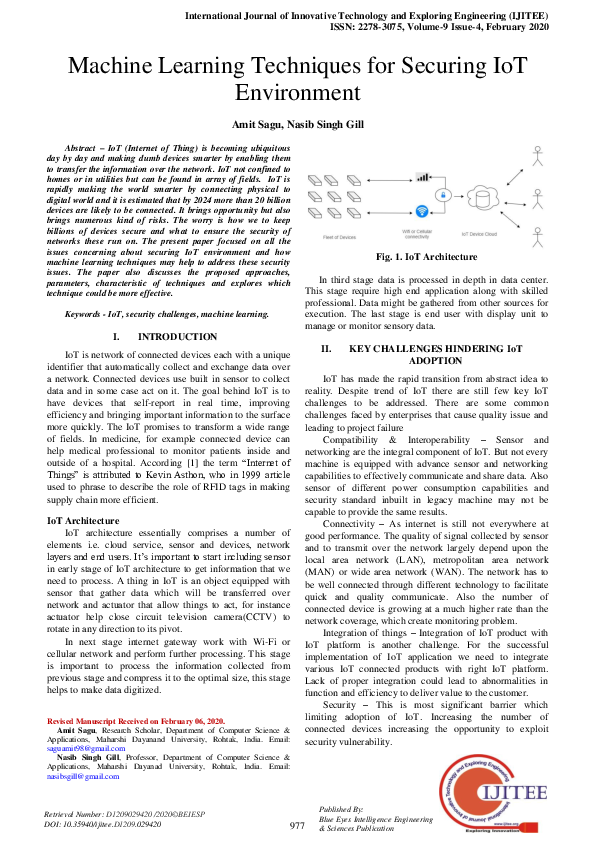 (PDF) Machine Learning Techniques for Securing IoT Environment