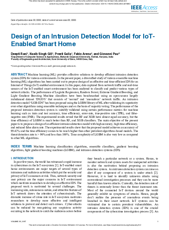 Pdf Design Of An Intrusion Detection Model For Iot Enabled Smart Home