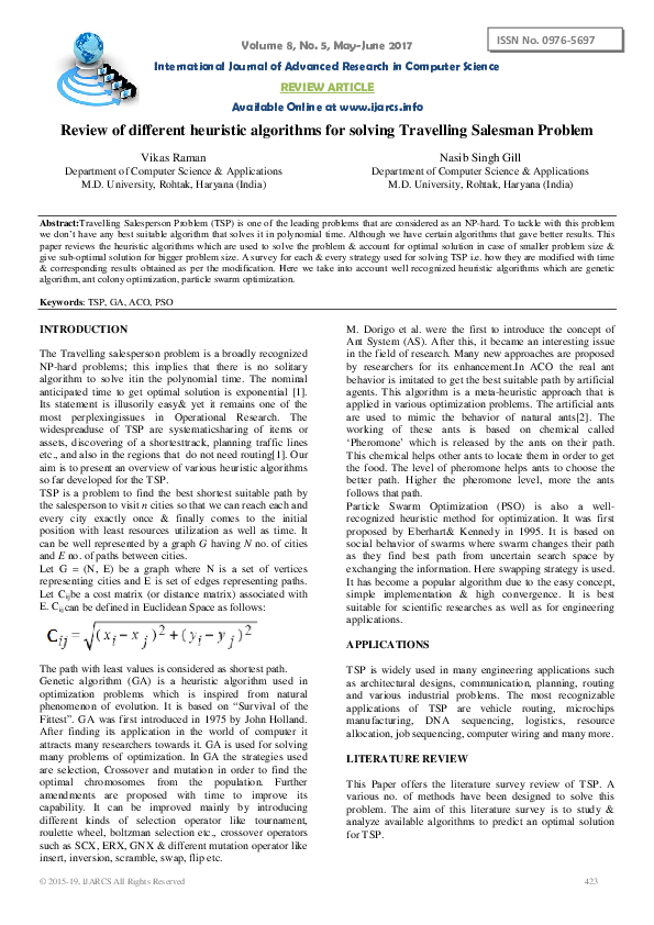 Pdf Review Of Different Heuristic Algorithms For Solving Travelling